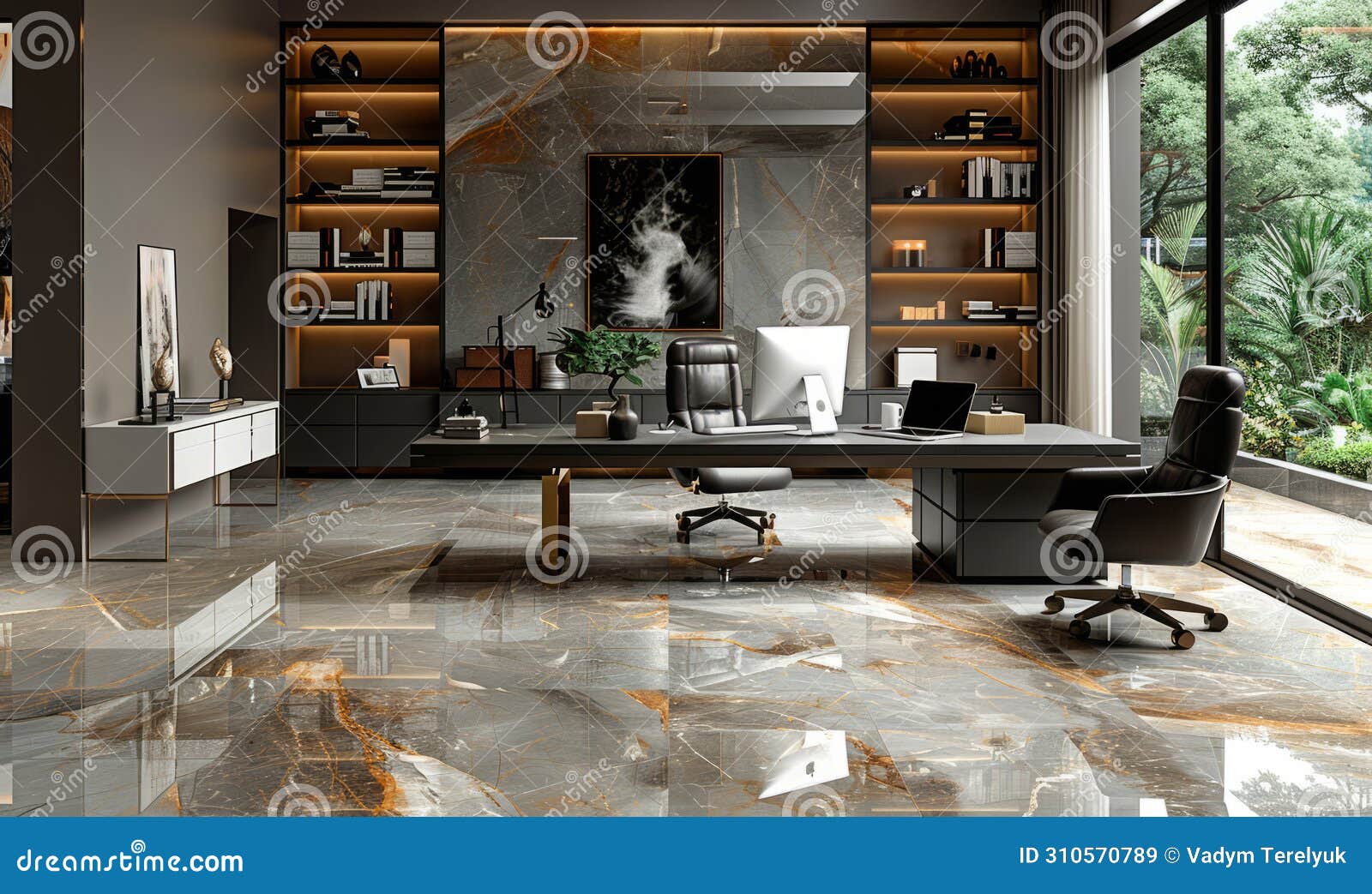 Luxury Office Interior Design with Marble Floor Large Windows and ...