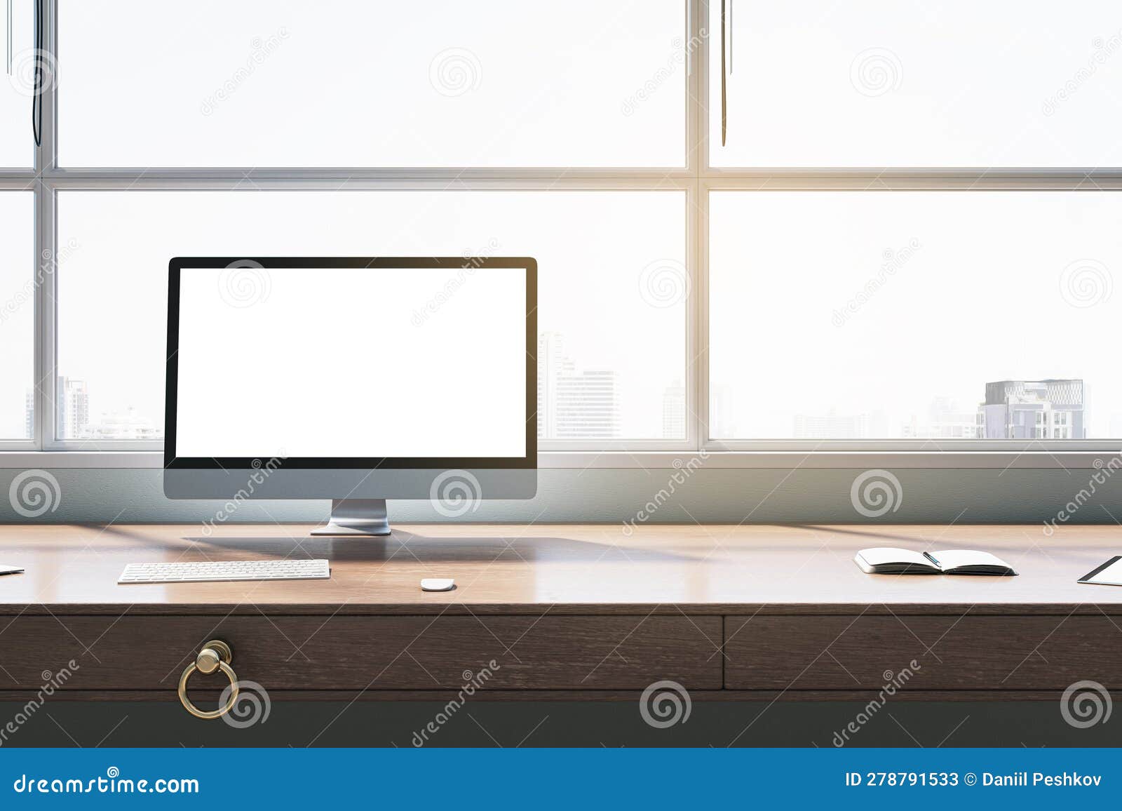 Luxury Office Interior with Panoramic Windows and City View, Empty Mock ...