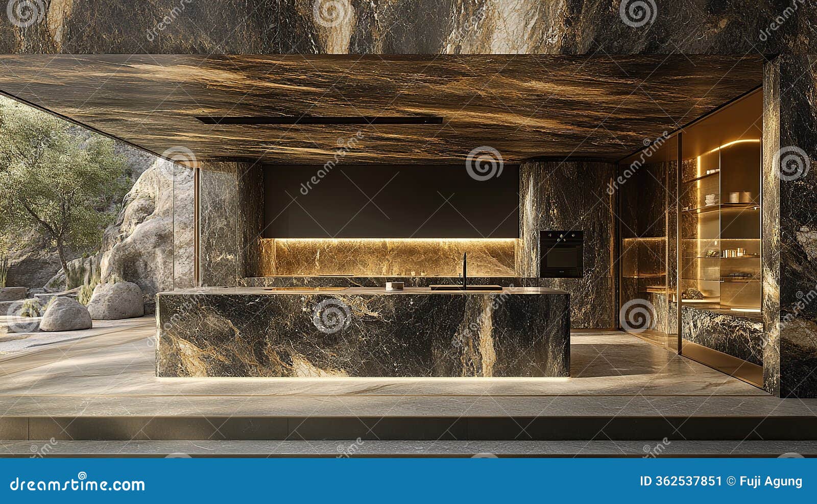 Luxury Outdoor Kitchen with Marble, Desert Backdrop Stock Illustration ...
