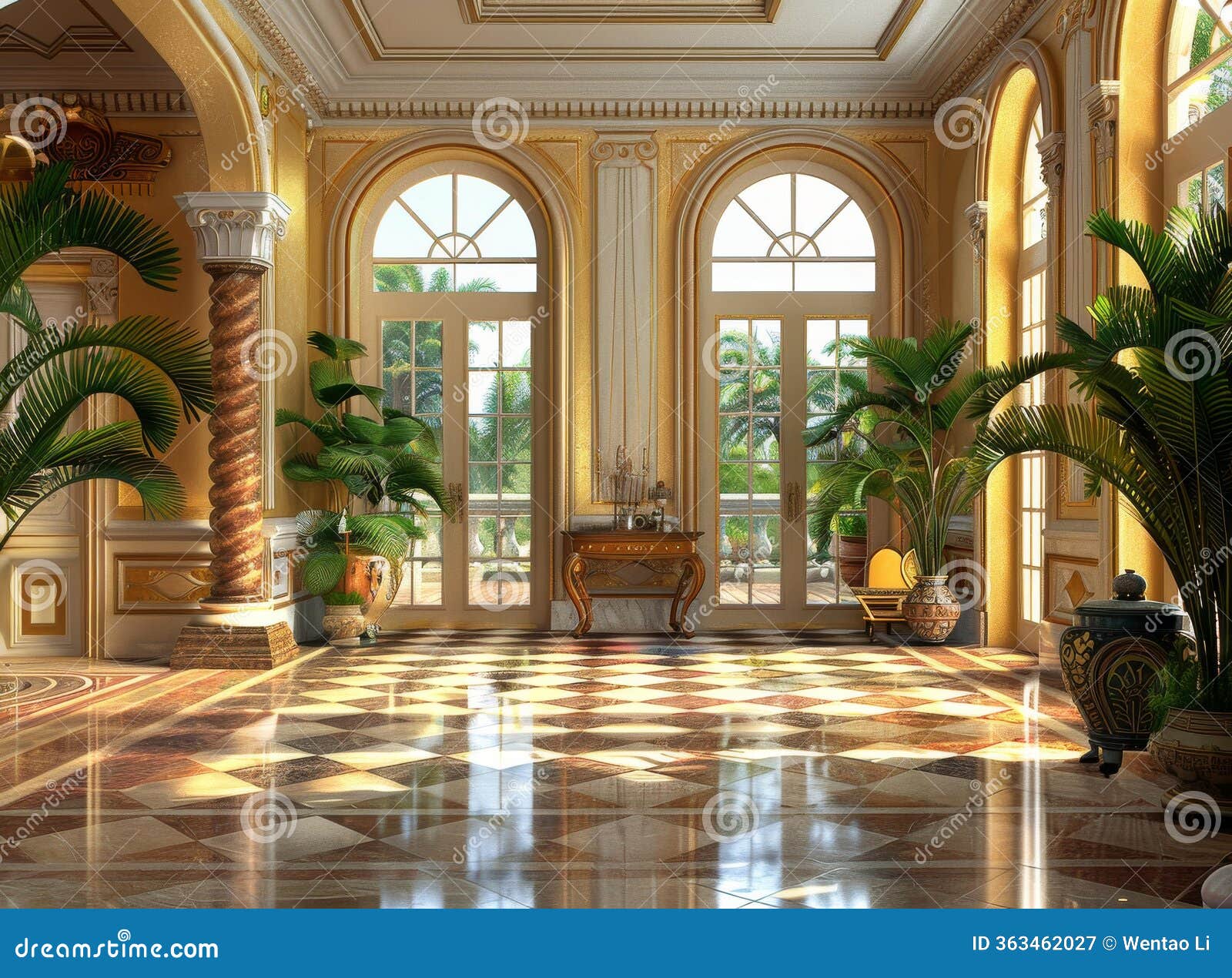 Grand Hall With A Futuristic Design, Featuring Towering Stock Image ...