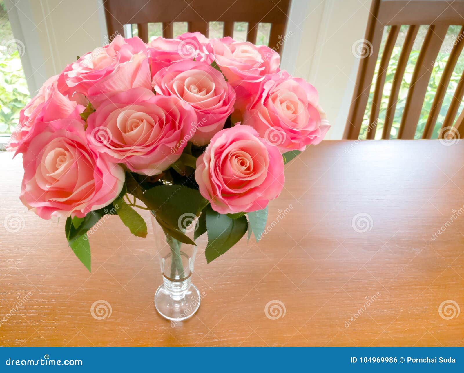 Luxury Pink Rose on the Wooden Din Table Stock Photo - Image of cutlery ...