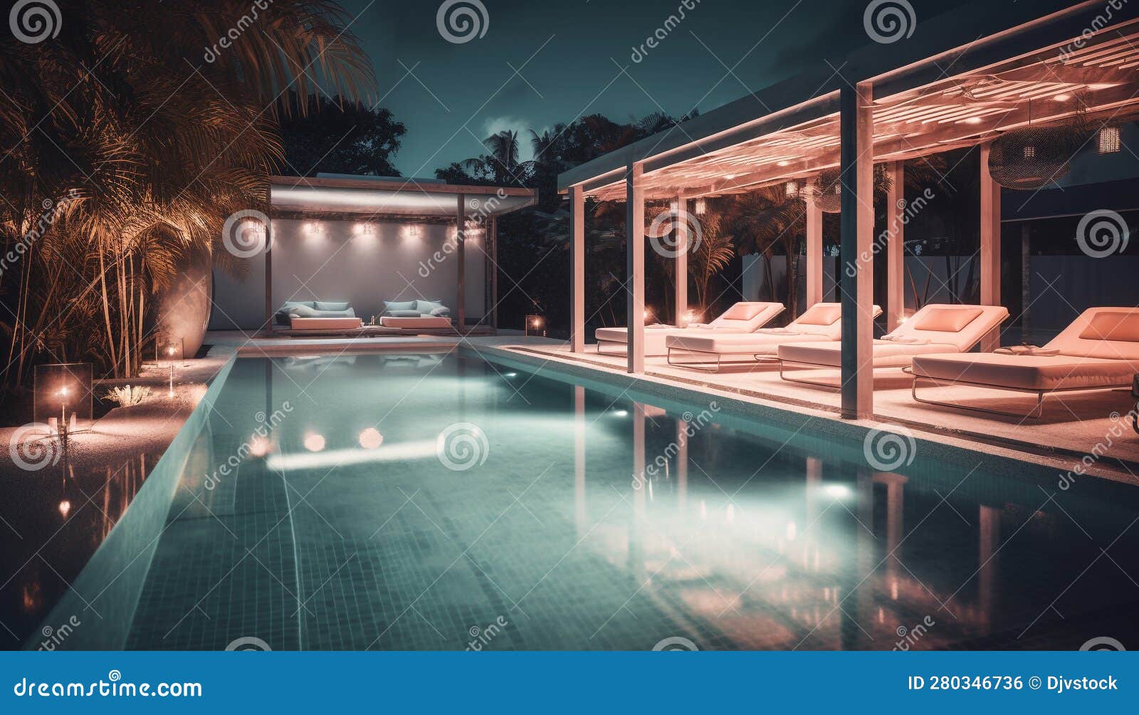 Luxury Poolside Relaxation at Modern Illuminated Hotel Bar at Dusk ...