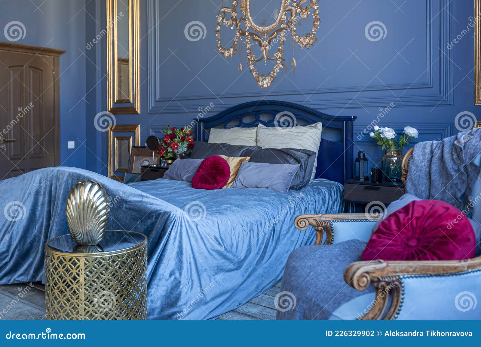 Luxury Posh Bed Room Interior in Stock Photo - Image of high, dark ...