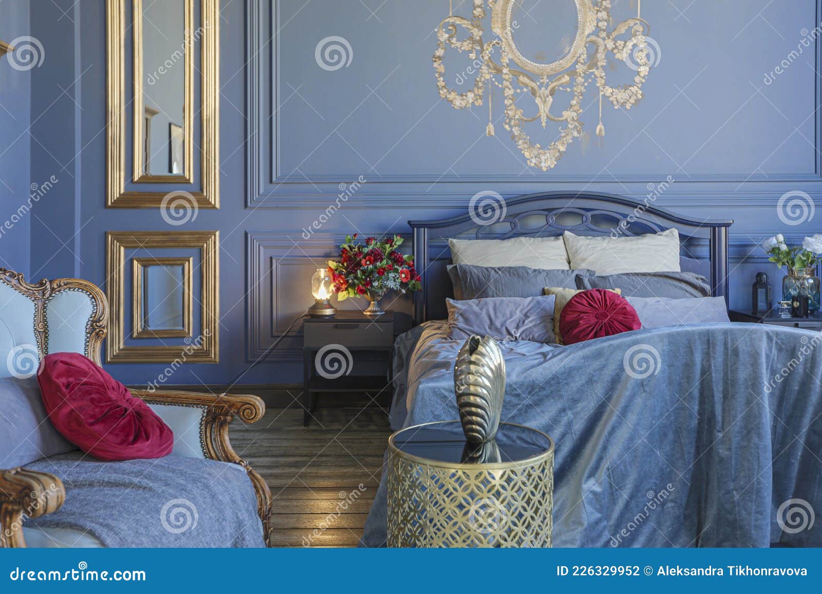 Luxury Posh Bed Room Interior in Stock Photo - Image of blue ...
