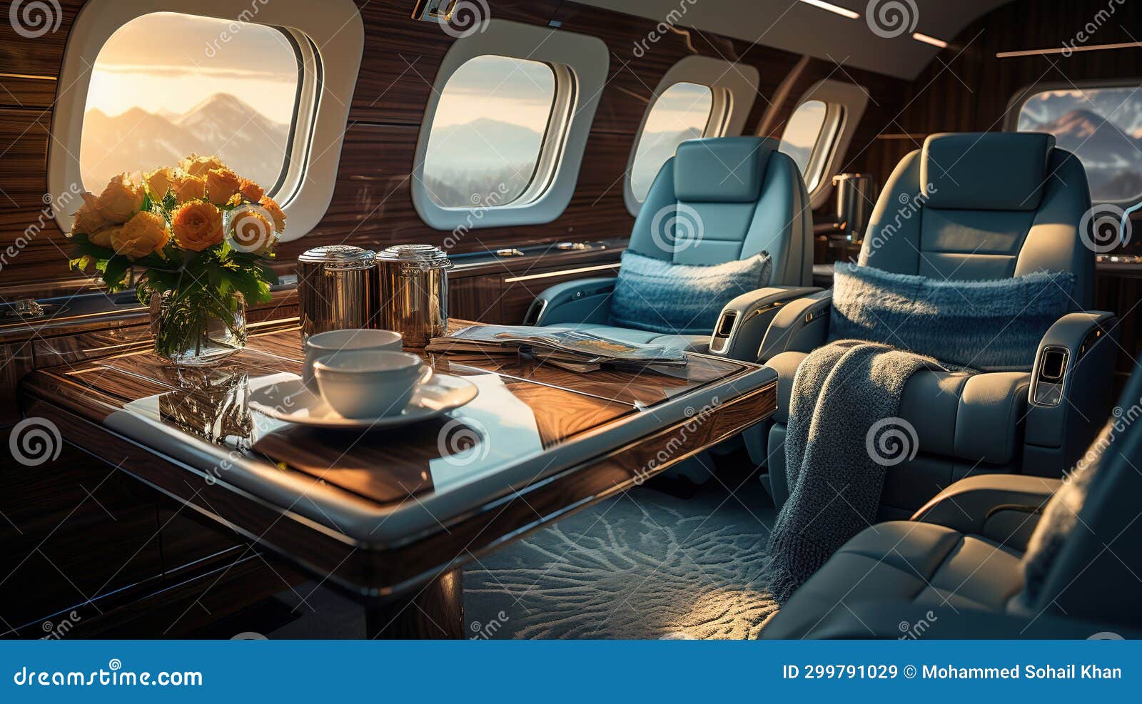 A Luxury Private Jet with Tables and Seating on Blurry Background Stock ...