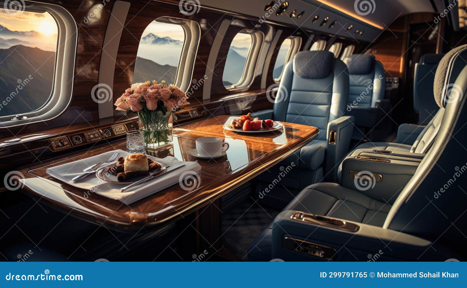 A Luxury Private Jet with Tables and Seating on Blurry Background Stock ...