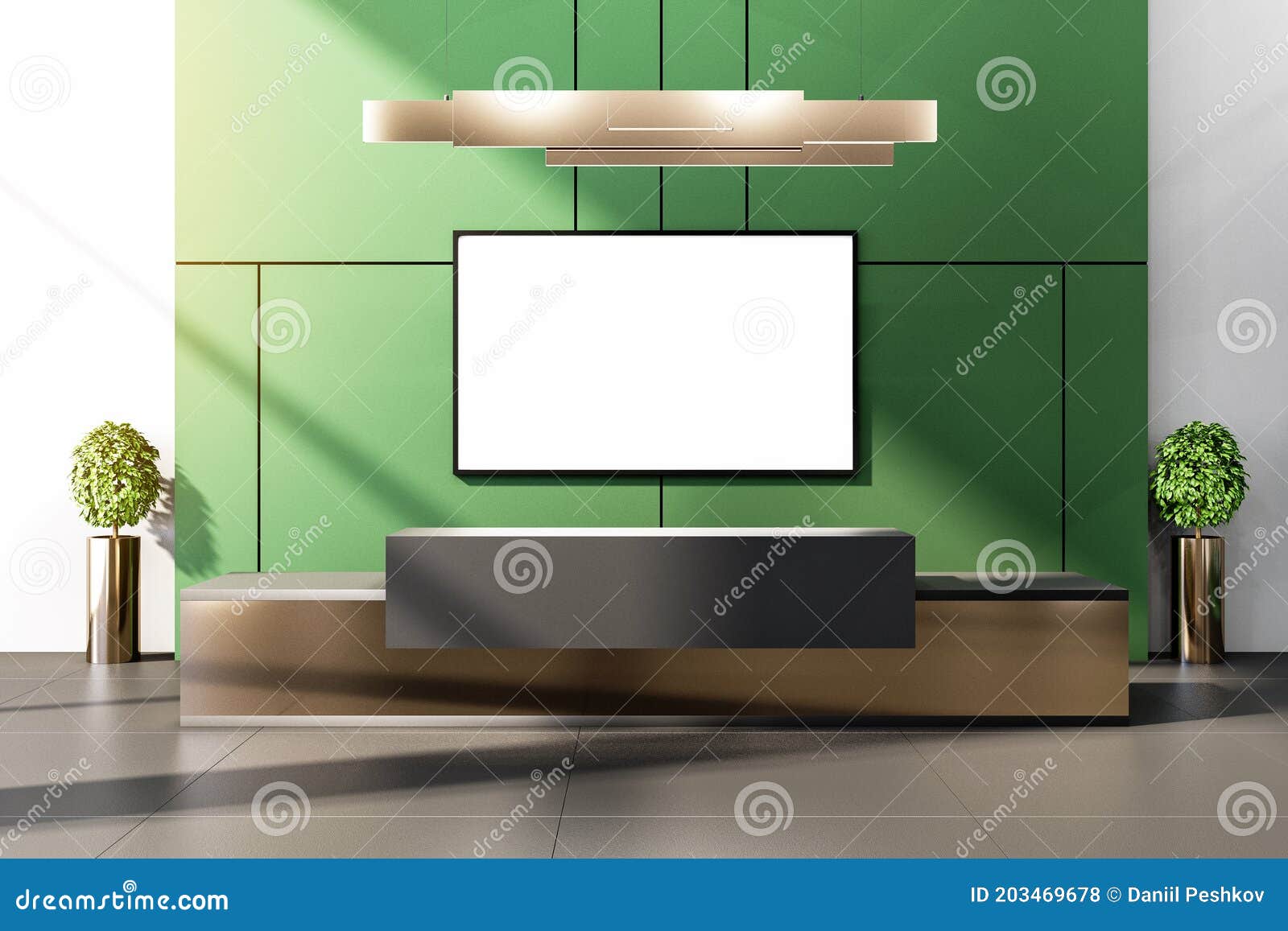 Luxury Reception Hall with Table and Banner on Green Wall Stock ...