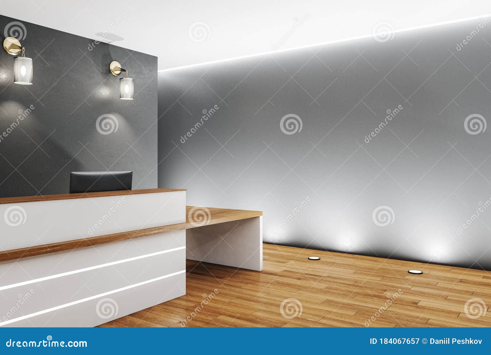 Luxury Reception Table with Computer and Blank Gray Wall Stock ...
