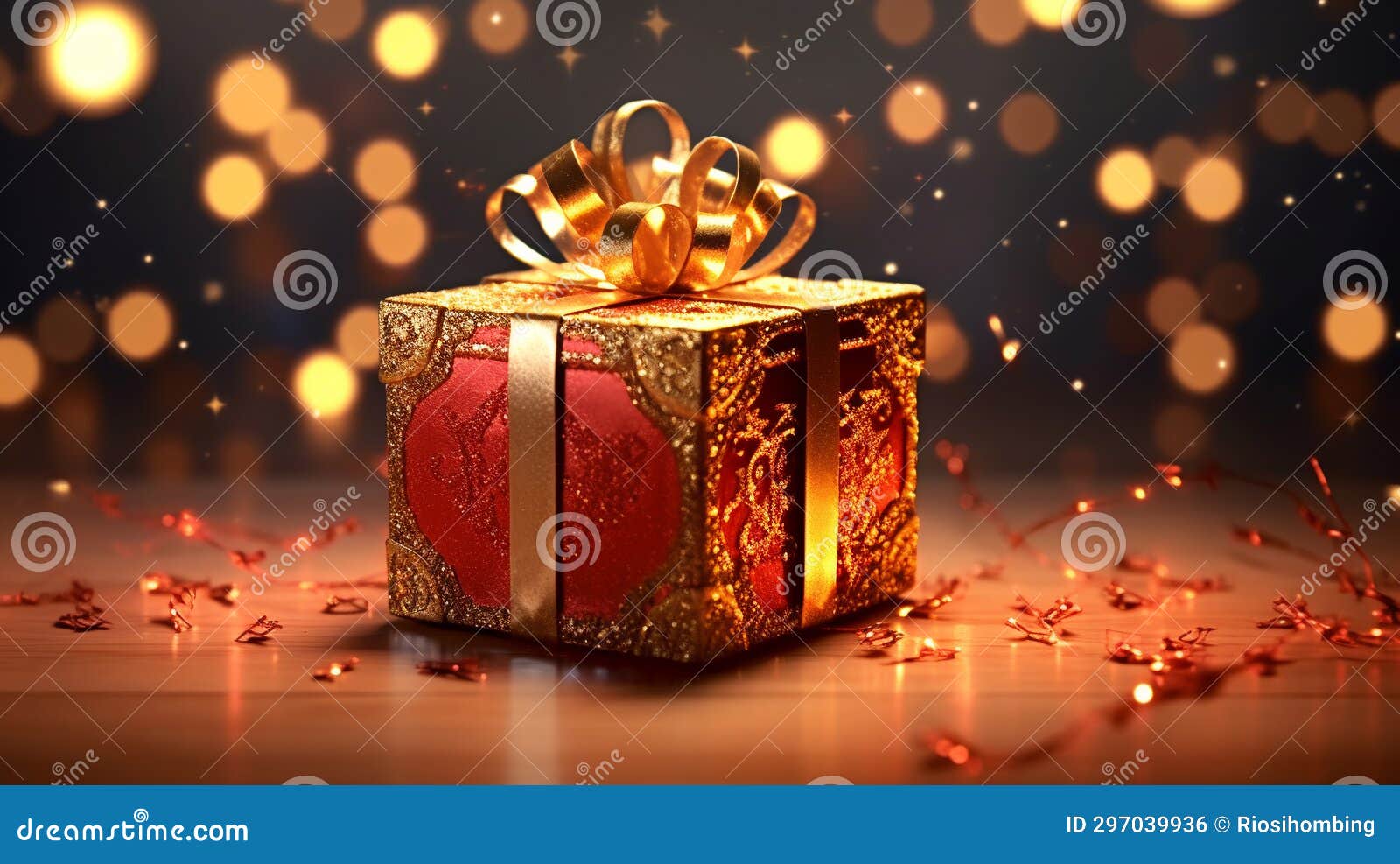 Luxury Red Box Golden Tape Present with Glitter Background Stock ...