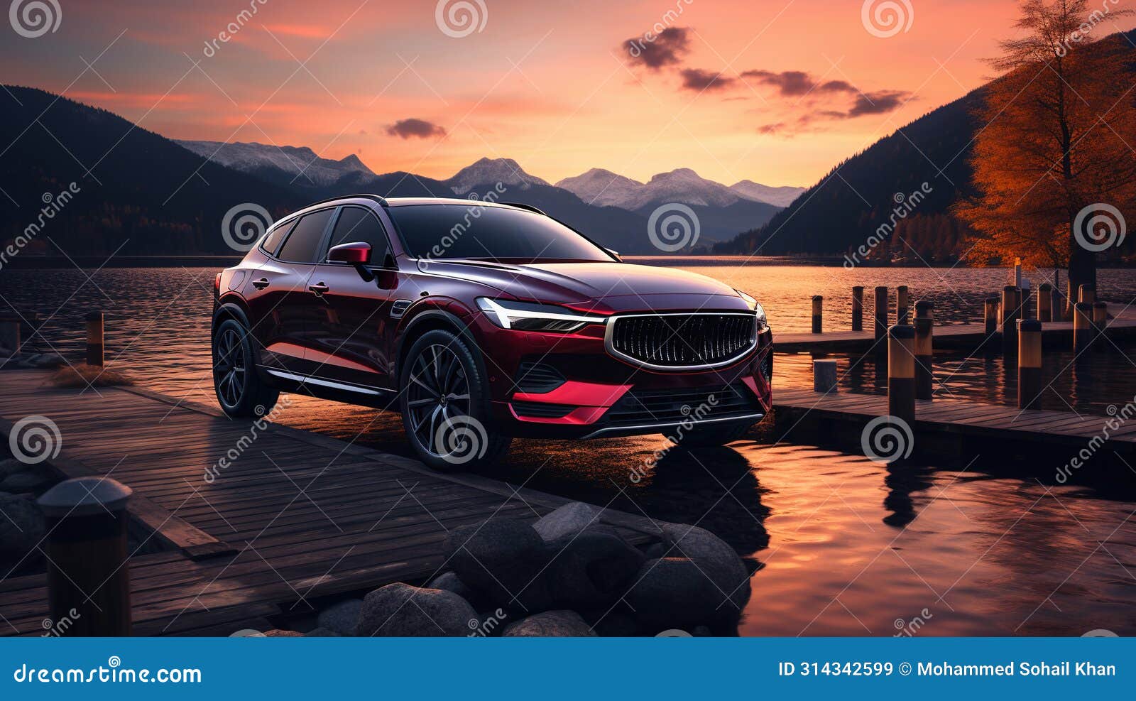 Luxury Red Color Car Parked in the Lake and Mountain Range Stock ...