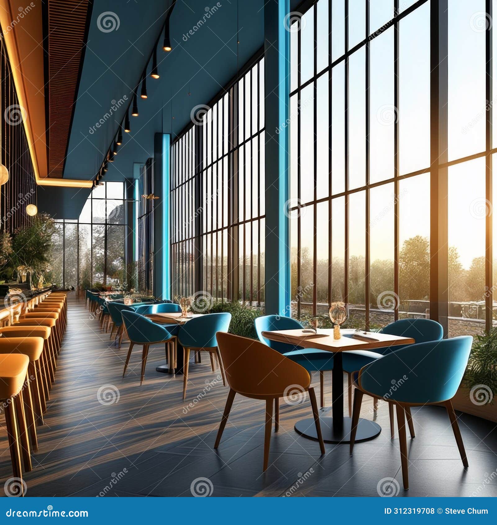 Luxury Restaurant Interior with a Panoramic Window Overlooking the City ...