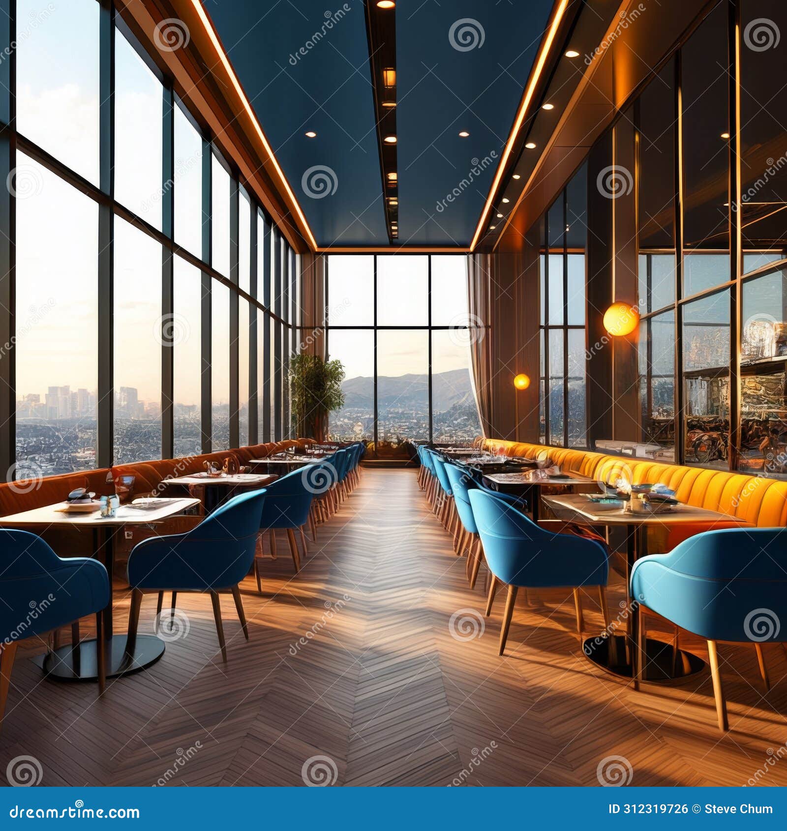 Luxury Restaurant Interior with a Panoramic Window Overlooking the City ...