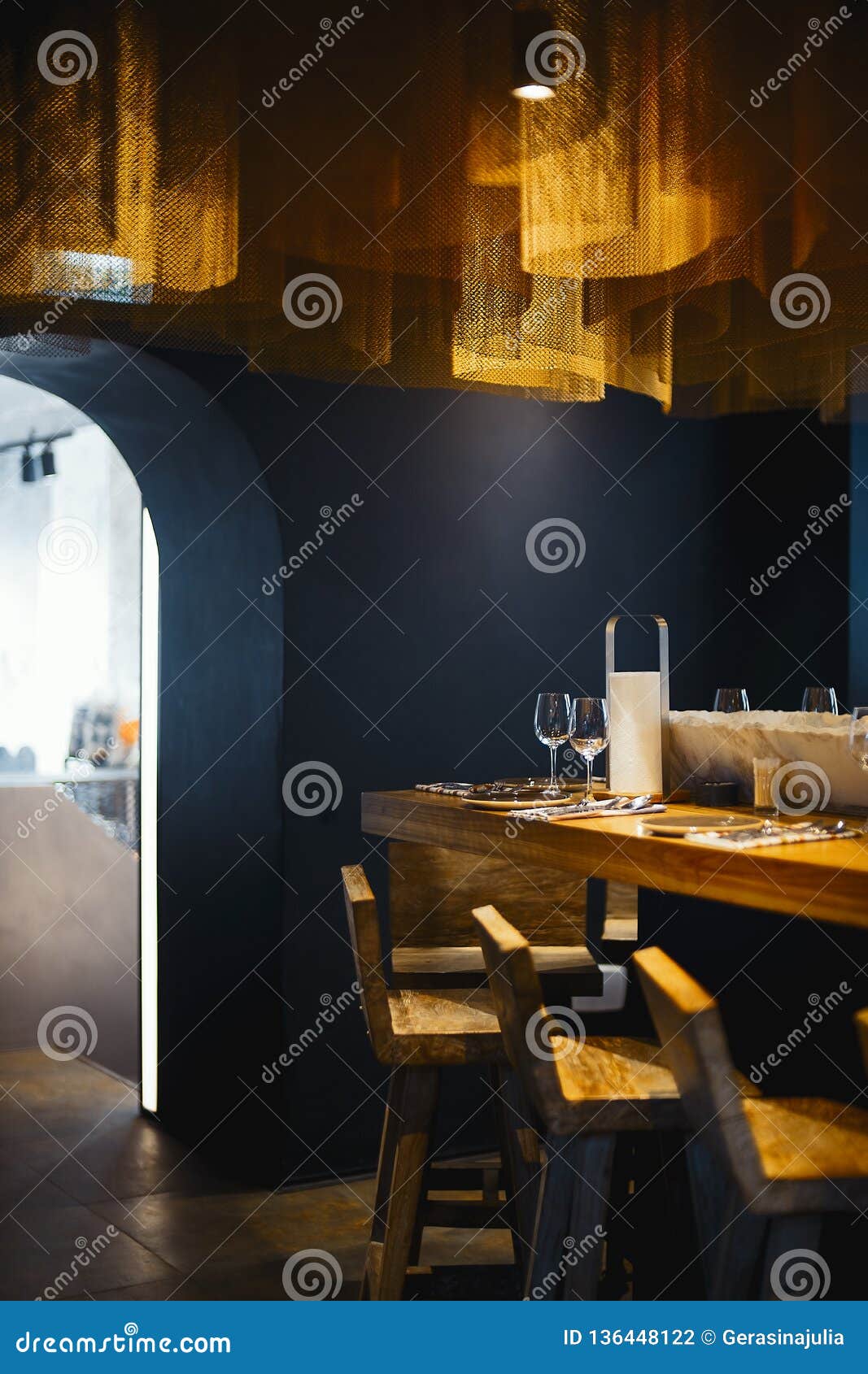 Luxury Restaurant Interior with Tableware, Table, Chairs and Bronze ...