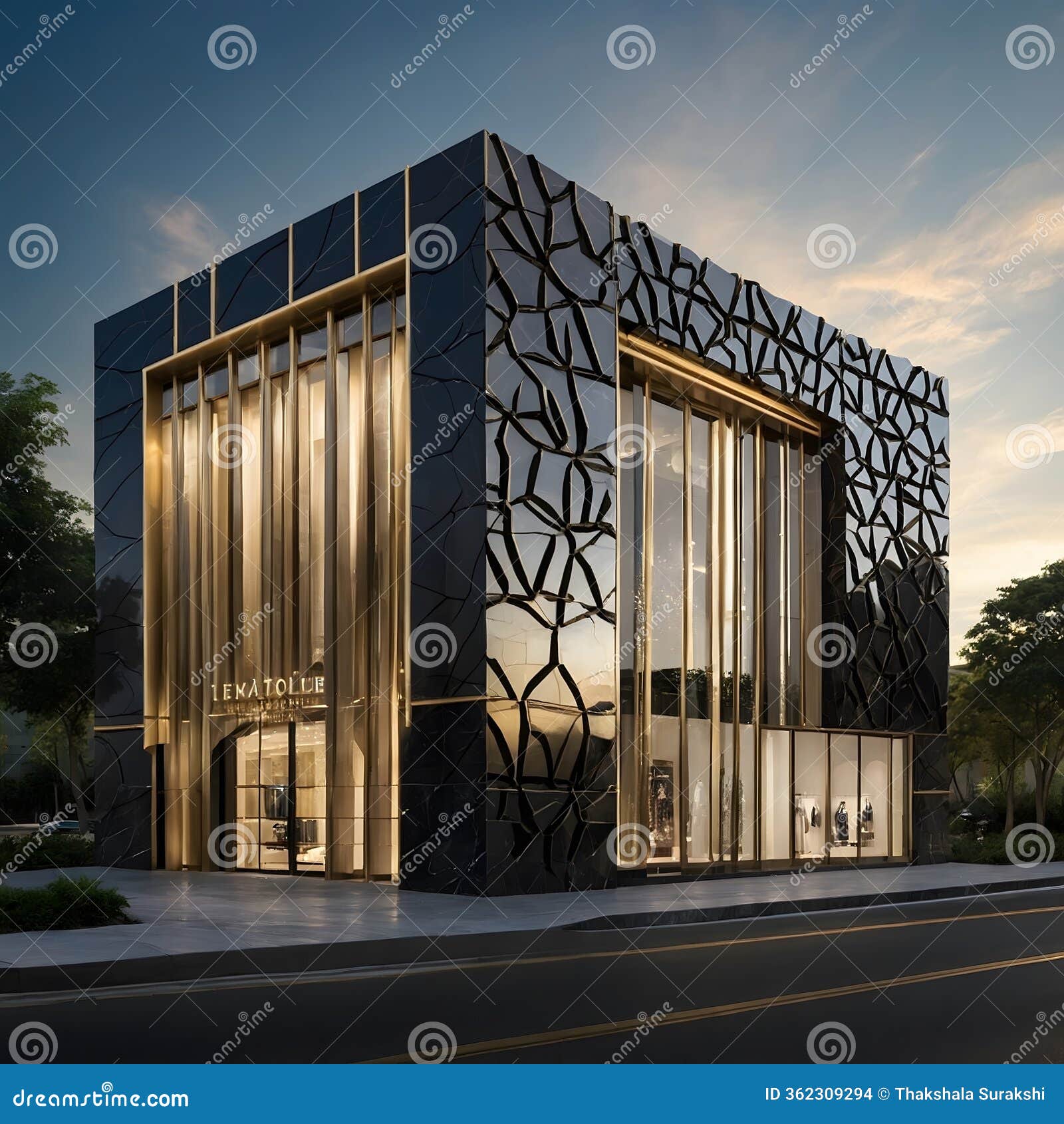 Elegant Retail Structure Featuring a Stone Facade and Bold Metallic ...
