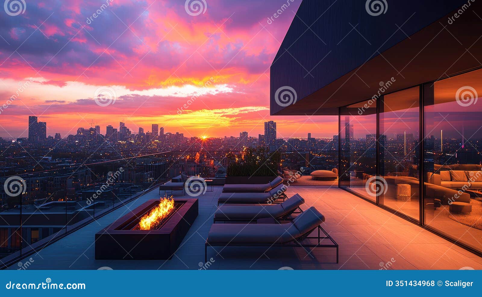Luxury Rooftop Terrace with Fire Pit Overlooking City Skyline at Sunset ...