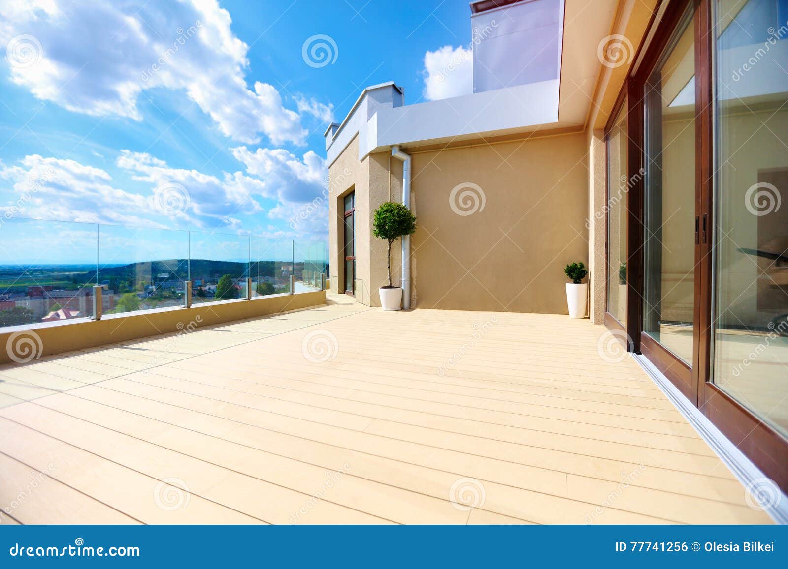 Luxury Rooftop Terrace with Sliding Doors Stock Photo - Image of glass ...