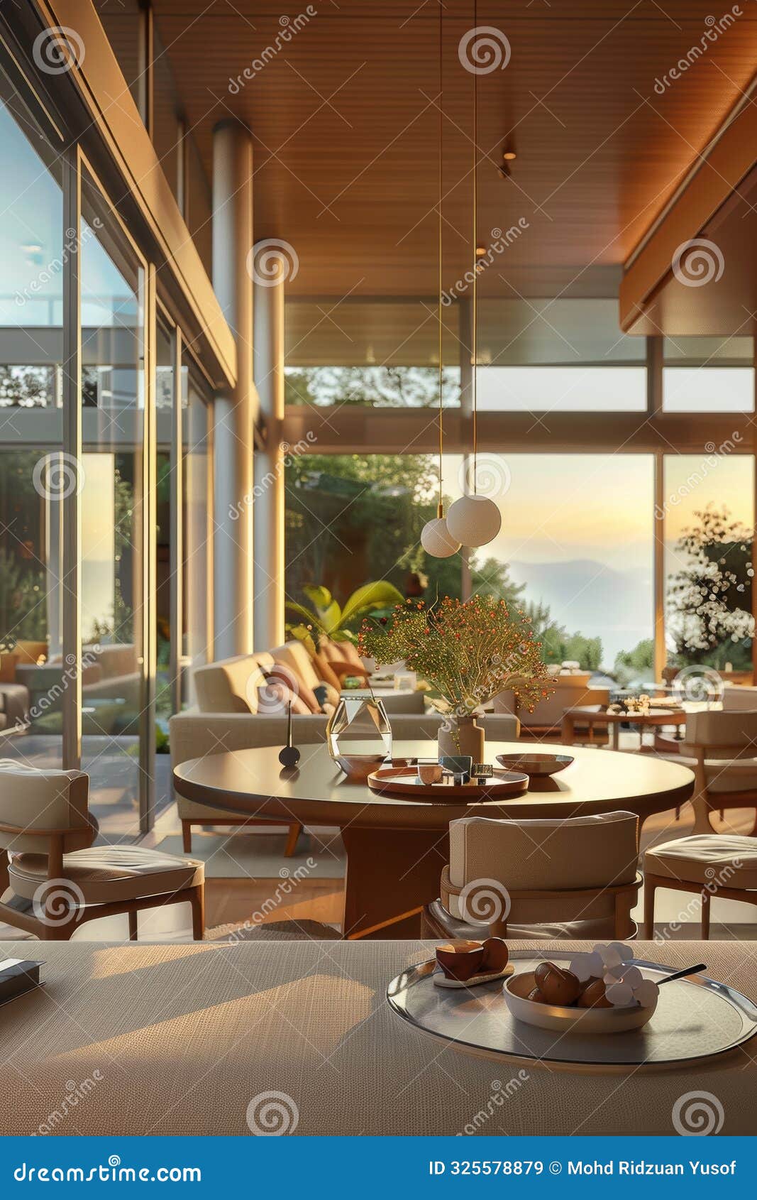 Luxury Round Dinner Table with Open Window and High Ceiling Stock ...