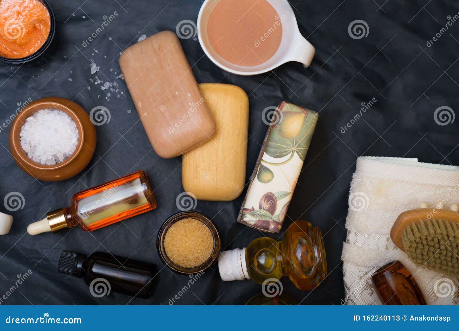 Luxury Set of Spa Products with Accessoires on Black Background. Close ...