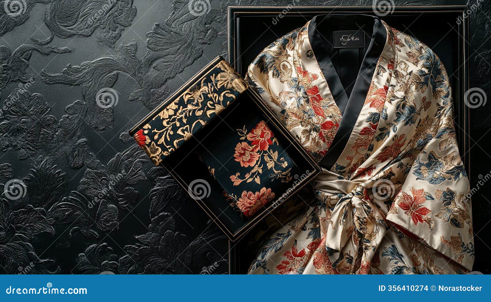A Luxury Silk Robe in a Decorative Box on a Black Background, Room for ...