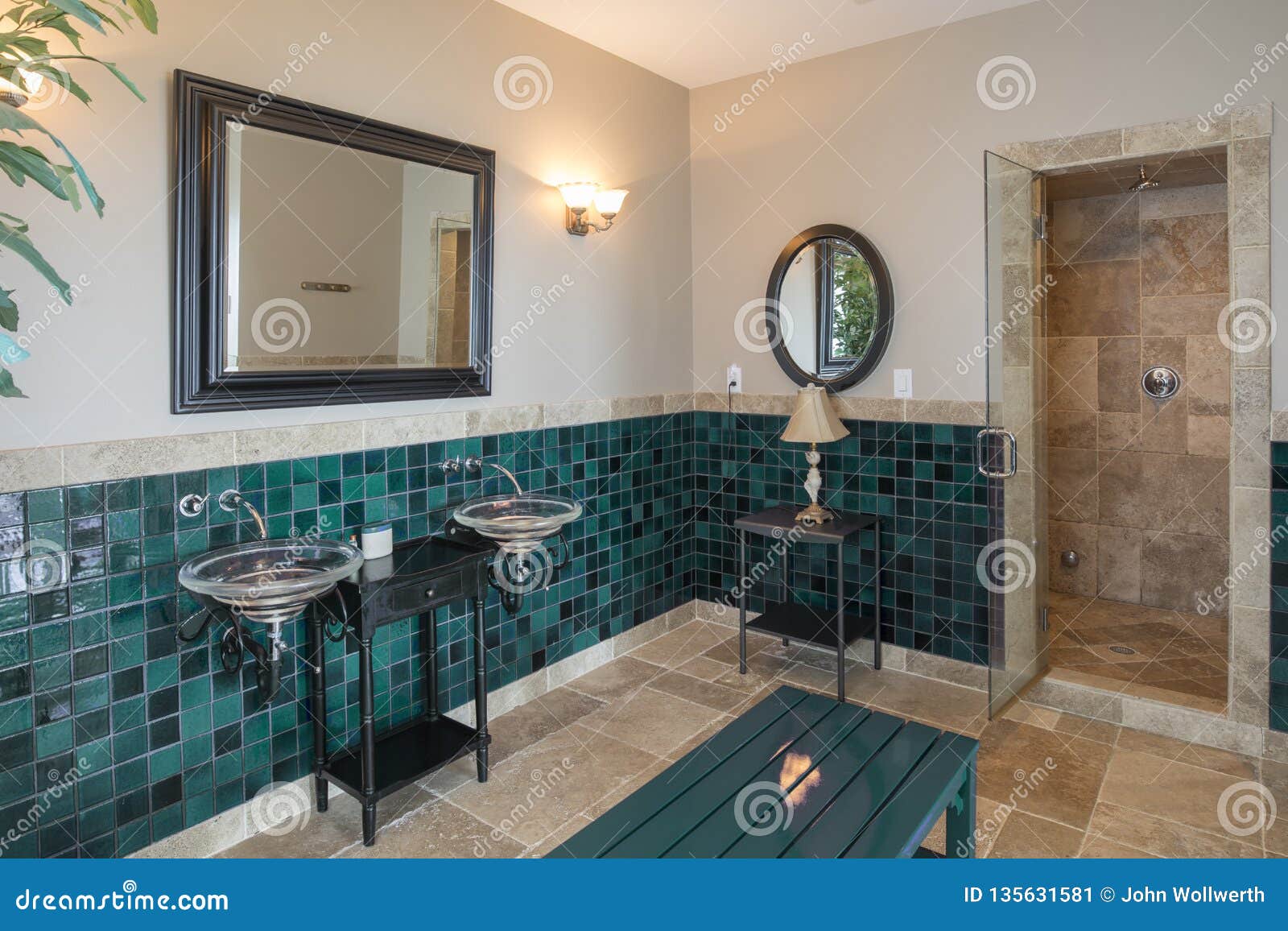 Luxury Spa Bathroom with Limestone Tile and Shower Stock Image - Image ...