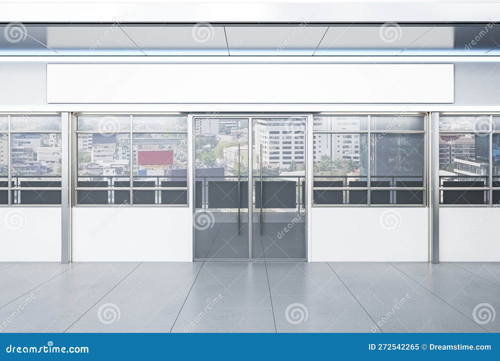 Luxury Storefront with Empty Wide Mock Up Banner and City Window ...