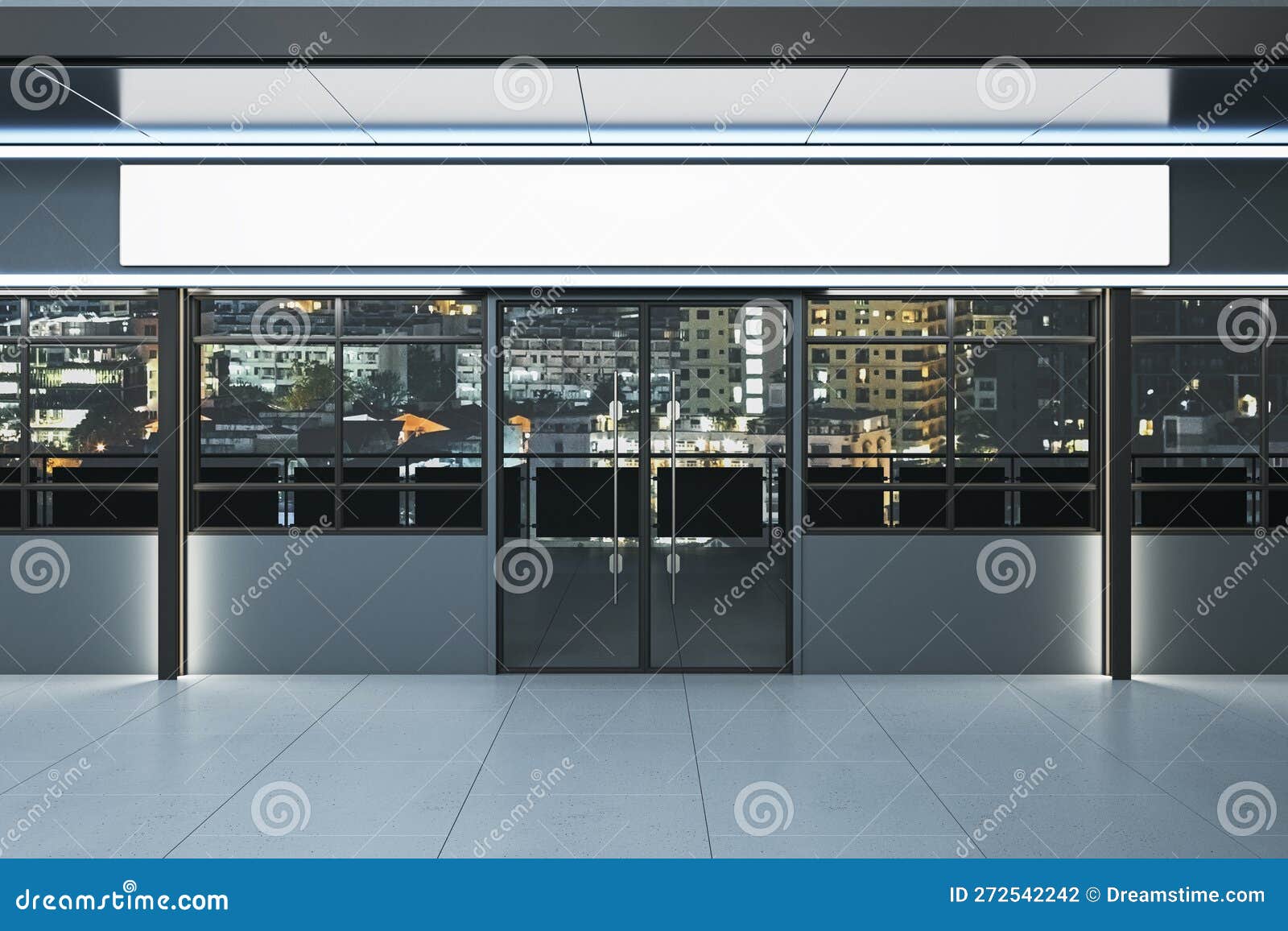 Luxury Storefront with Empty Wide Mock Up Banner and Night City Window ...