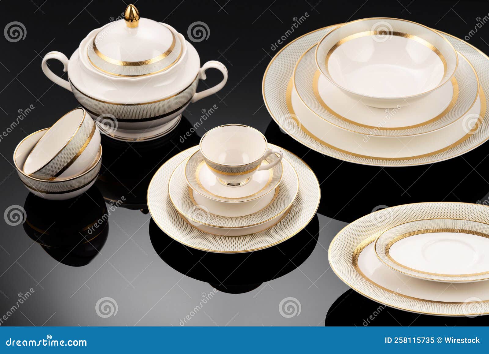 Luxury Tableware Set on Black Reflective Surface Stock Image - Image of ...