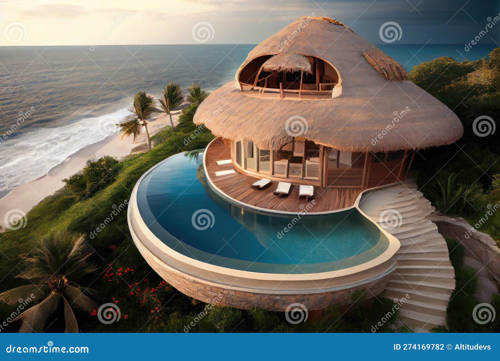 Luxury Thatched House with Infinity Pool Overlooking the Ocean Stock ...