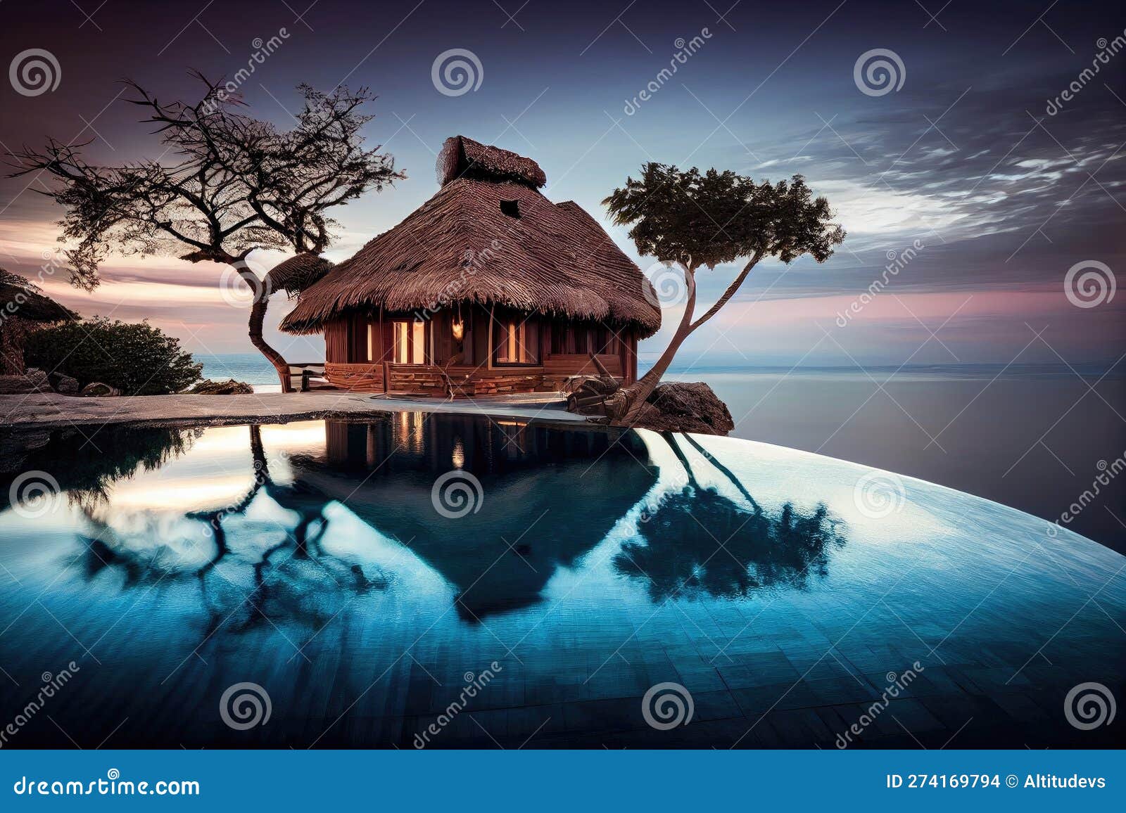 Luxury Thatched House with Infinity Pool Overlooking the Ocean Stock ...