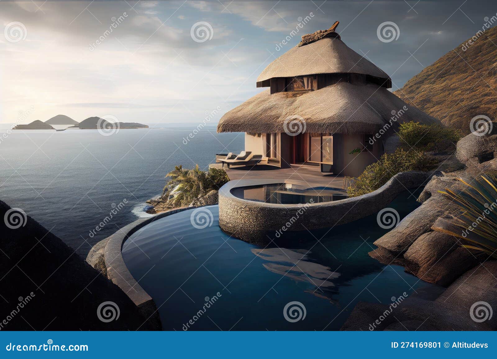 Luxury Thatched House with Infinity Pool Overlooking the Ocean Stock ...