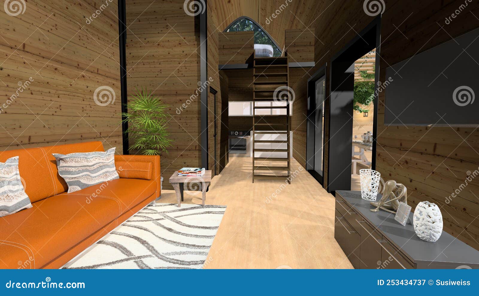 Luxury Tiny House Living Room Interior, 3d Illustration, 3d Rendering Stock Illustration ...