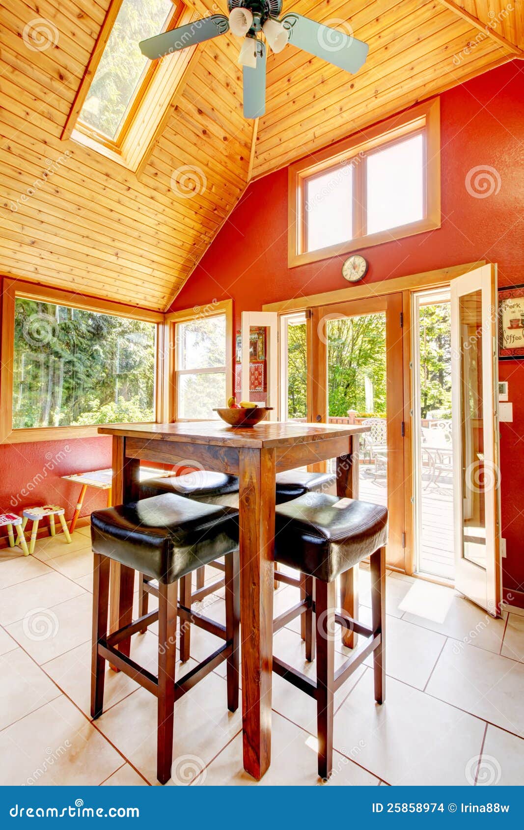 Luxury Vaulted Wood Ceiling Dining Room Stock Photo - Image of modern ...