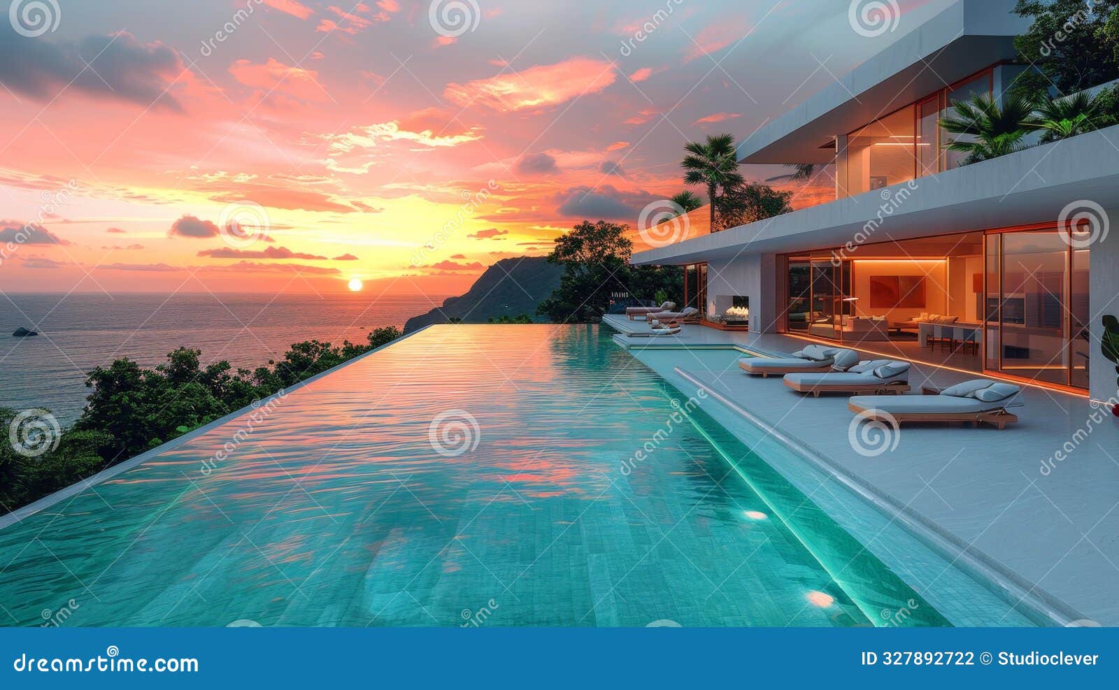 Luxury Villa with Infinity Pool at Sunset - Generative Ai Stock ...