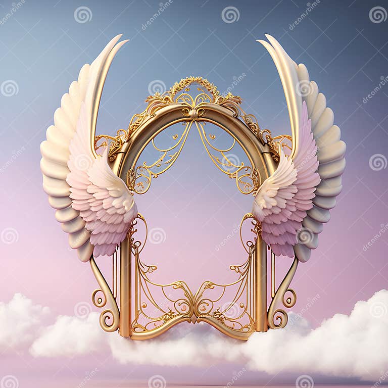 Luxury Vintage Frame with Wings and Clouds, 3d Rendering Stock ...