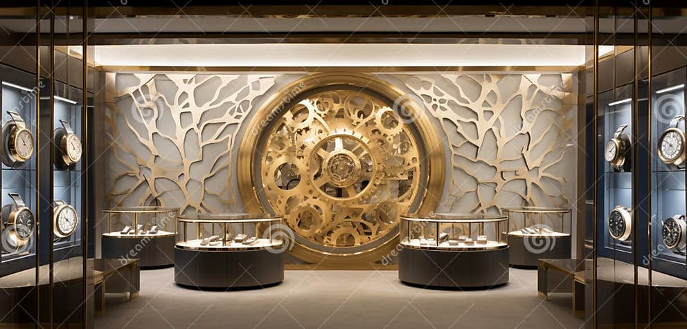 A Luxury Watch Boutique with a 3D Clockwork Wall Pattern in Gold and ...