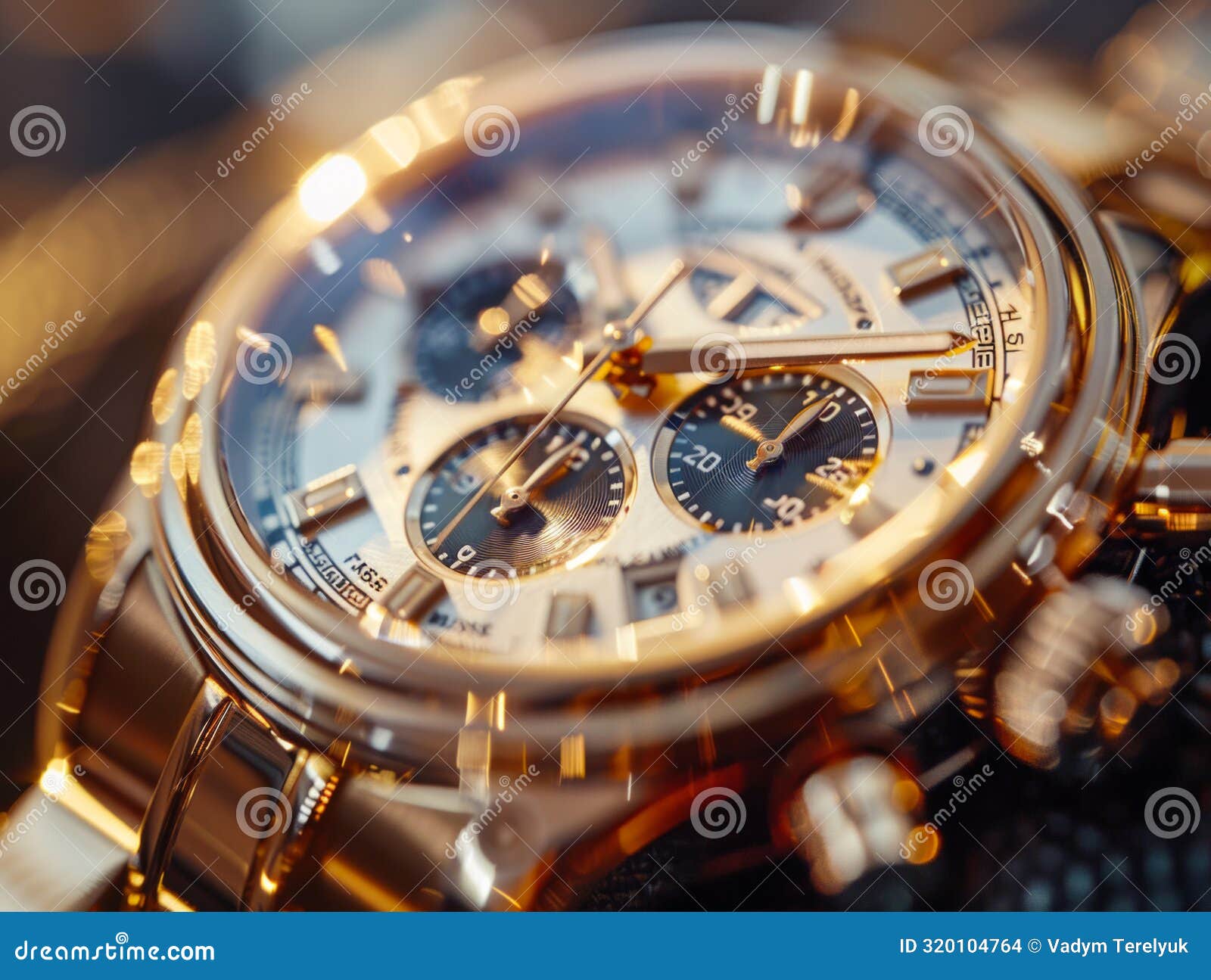 Luxury Watch Close Up with Golden Accents and Reflection on the Table ...
