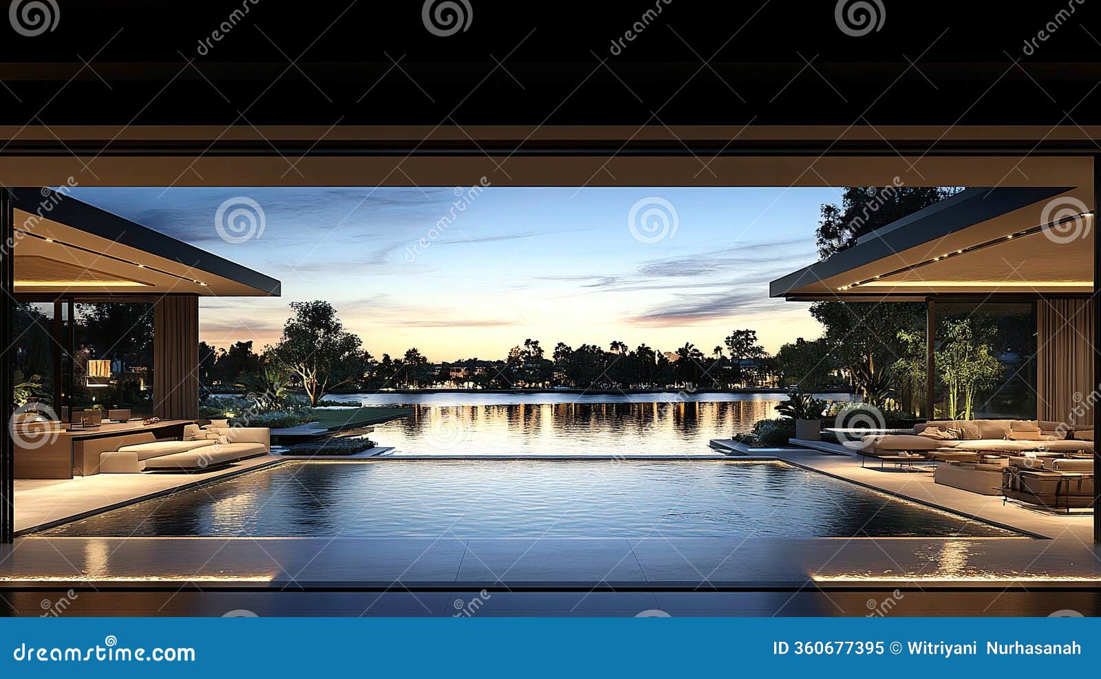 Luxury Waterfront Home Sunset Pool View Stock Image - Image of elegant ...