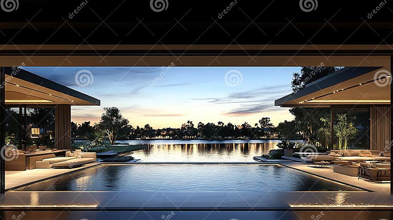 Luxury Waterfront Home Sunset Pool View Stock Image - Image of elegant, design: 360677395