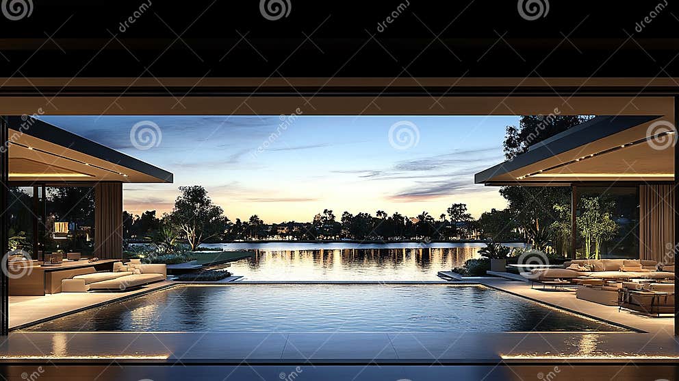 Luxury Waterfront Home Sunset Pool View Stock Image - Image of elegant ...