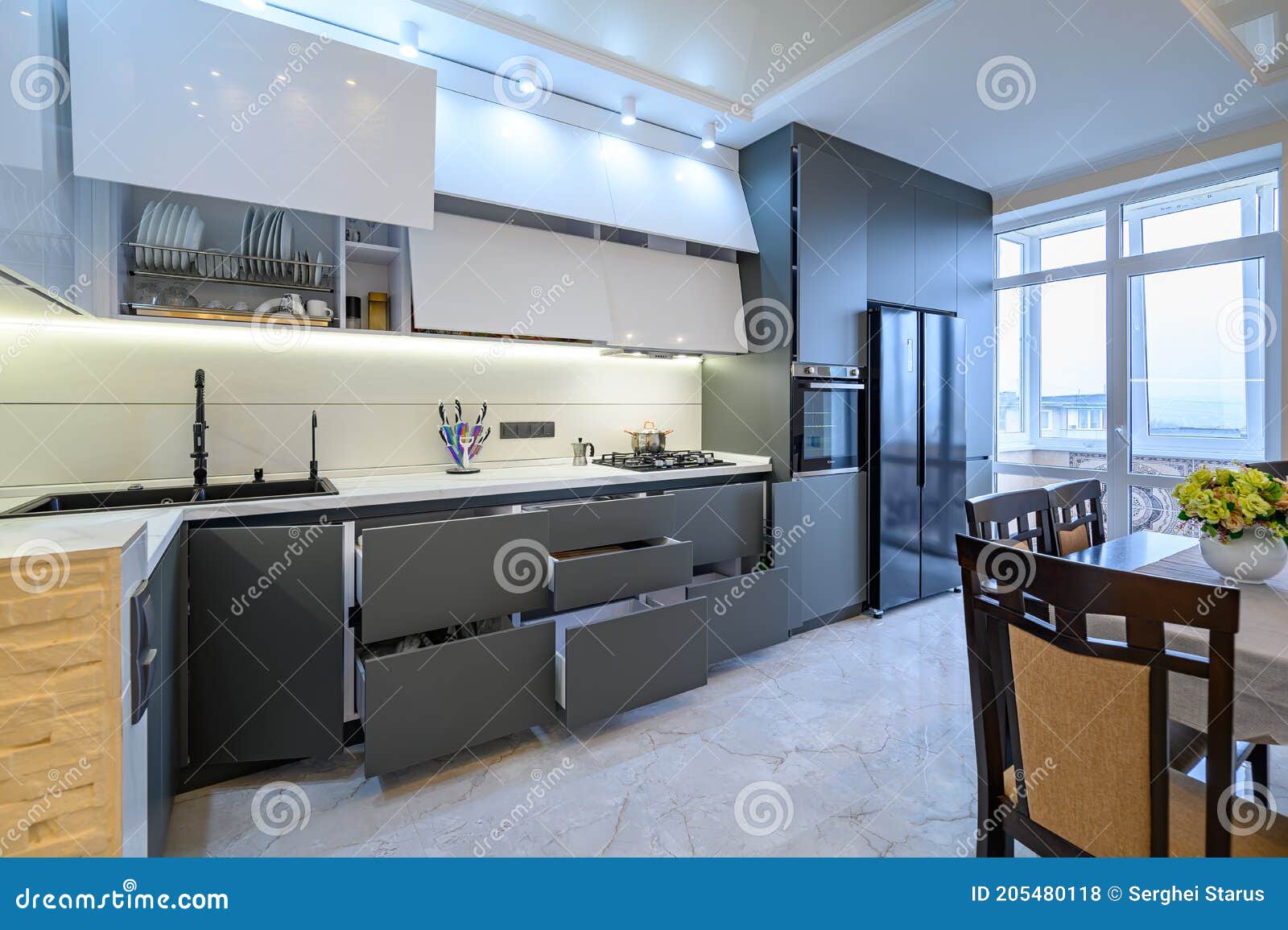 Luxury White and Dark Grey Modern Kitchen Interior Stock Photo - Image ...