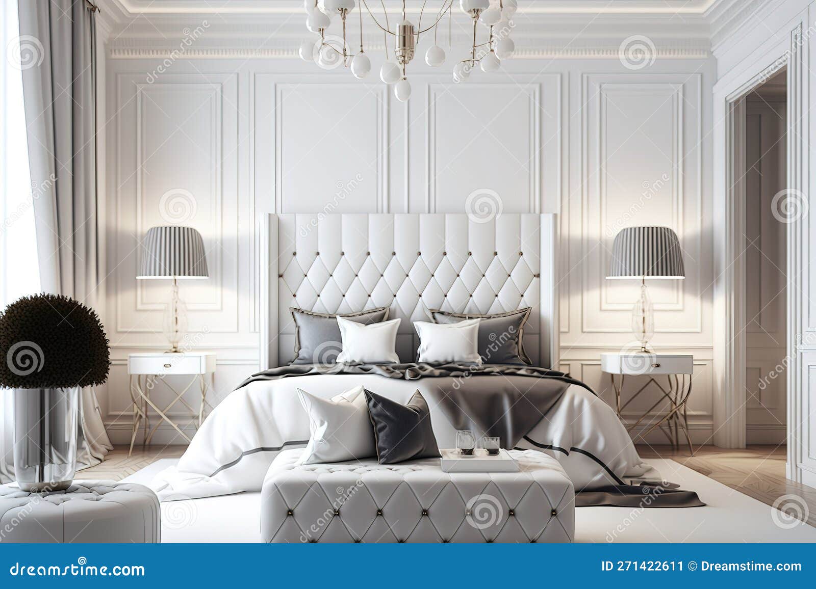 Luxury White Master Bedroom Interior - 3d Render Stock Illustration ...