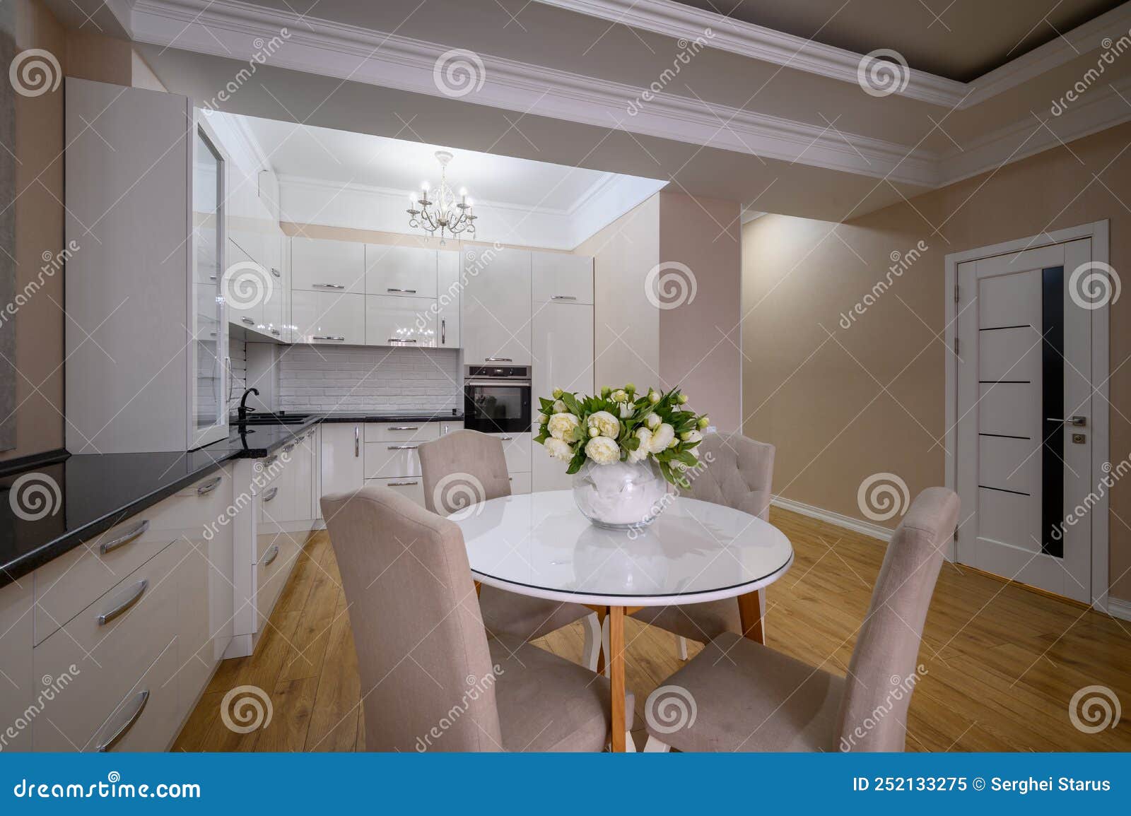 Luxury White Modern Kitchen with Dining Table Stock Image - Image of ...