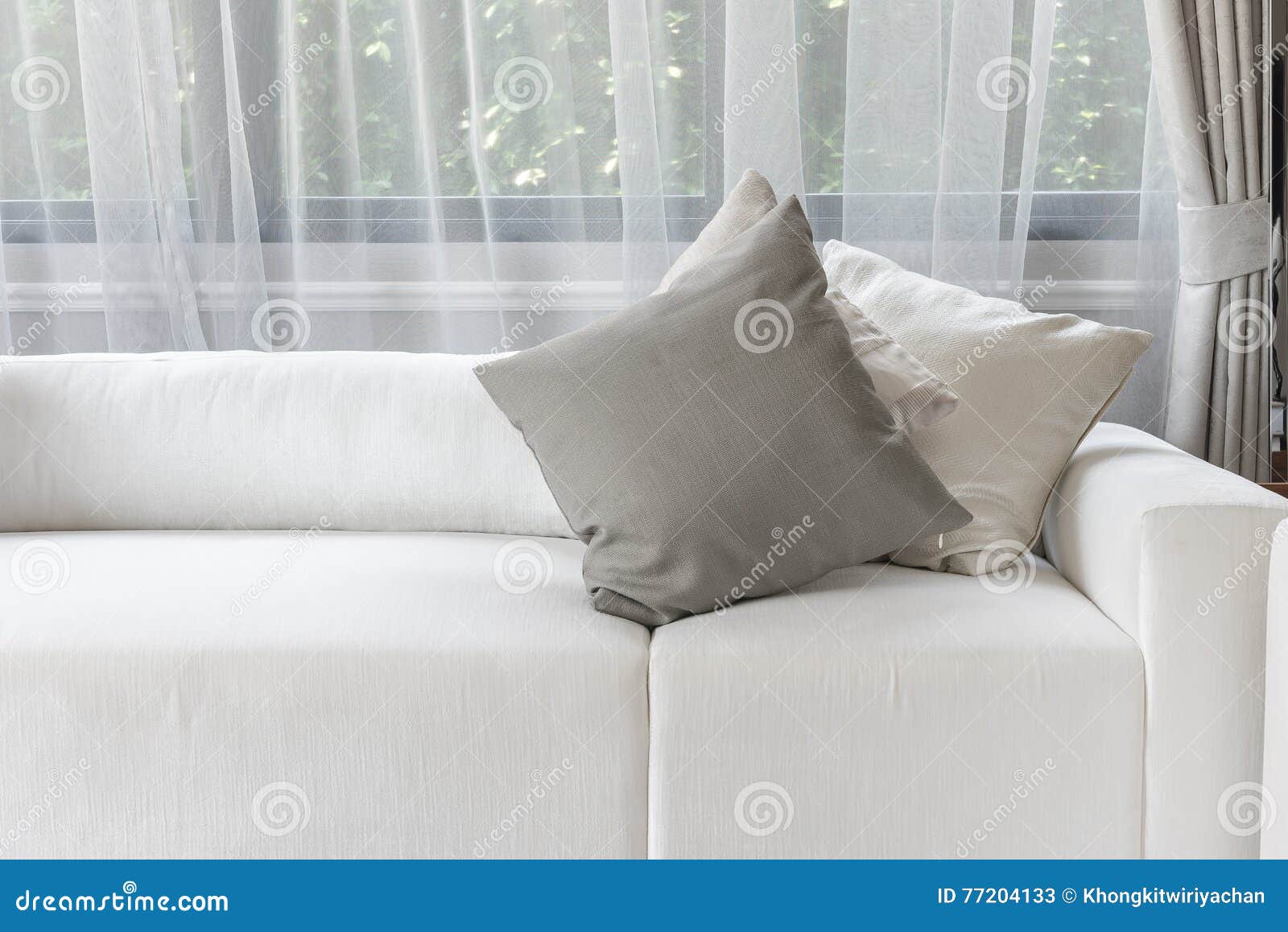 Luxury White Sofa with Pillows Set in Living Room Stock Image - Image ...
