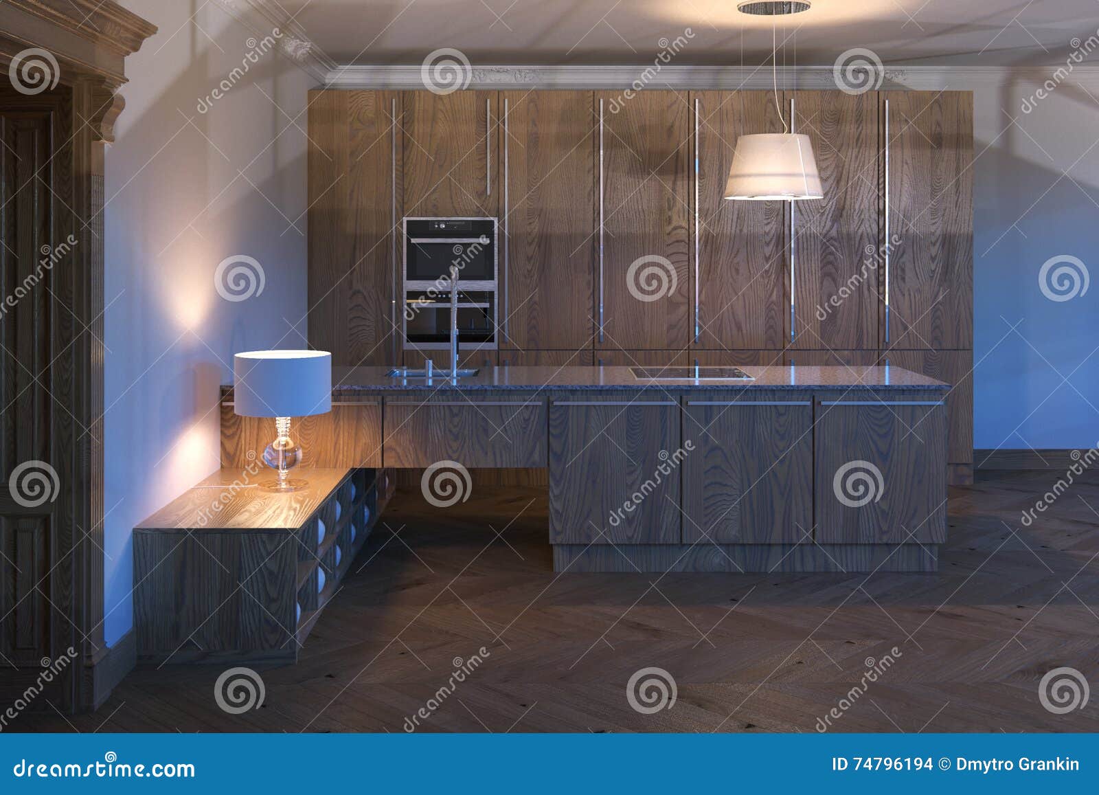 Luxury Wooden Kitchen Cabinet. 3d Render. Stock Photo - Image of home ...