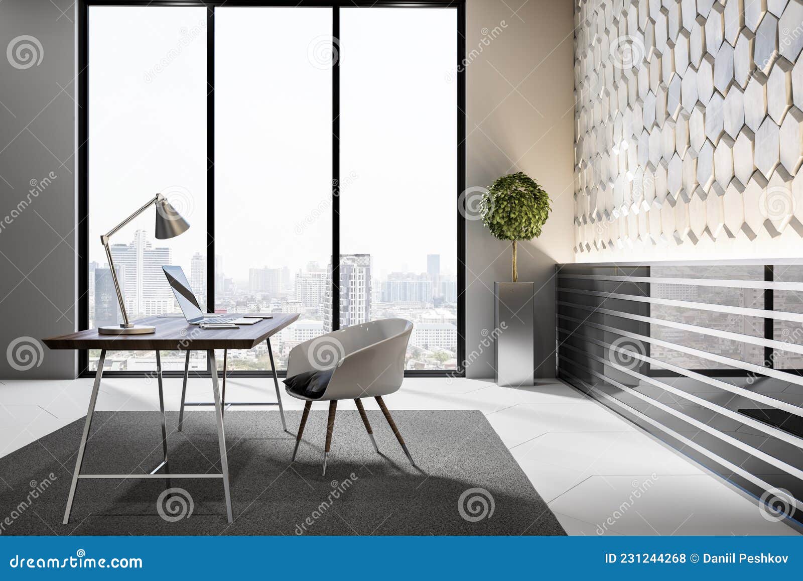 Luxury Workplace Interior with Window and City View, Desktop, Concrete ...