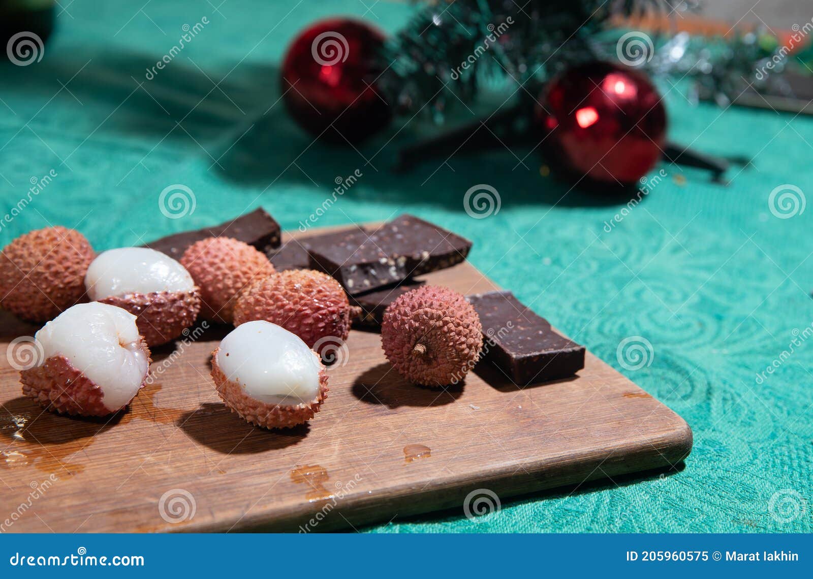 Lychee fruit and chocolate stock image. Image of wooden - 205960575
