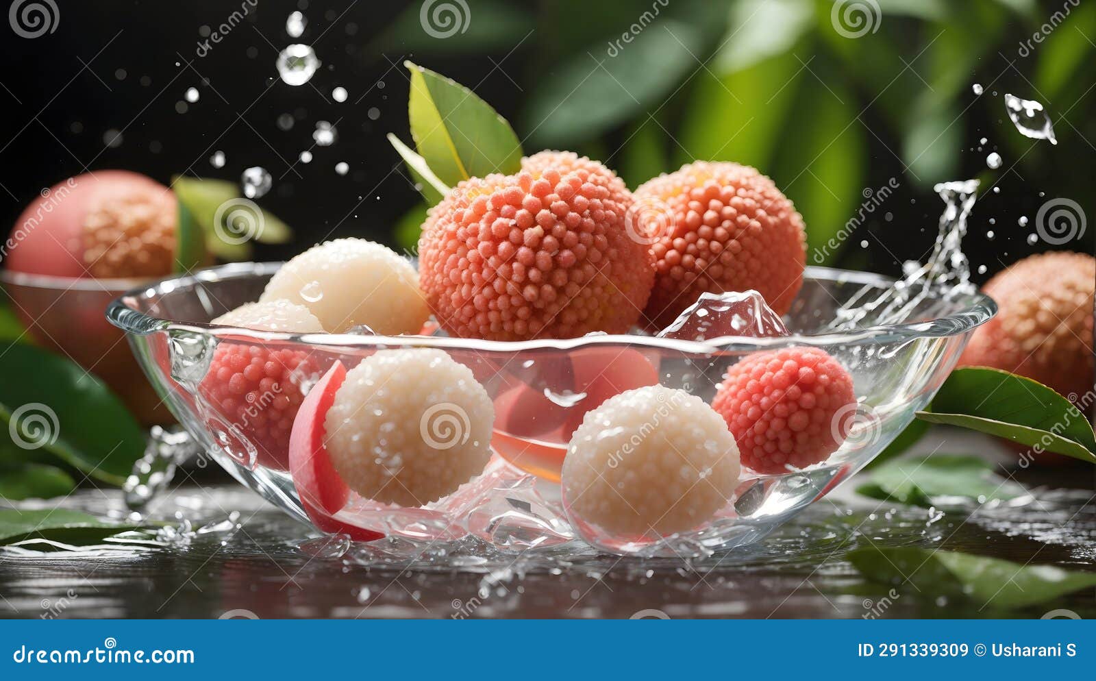 Lychee Fruit and Lychee Fruit Slices with Leaf Water Splash in Bowl ...
