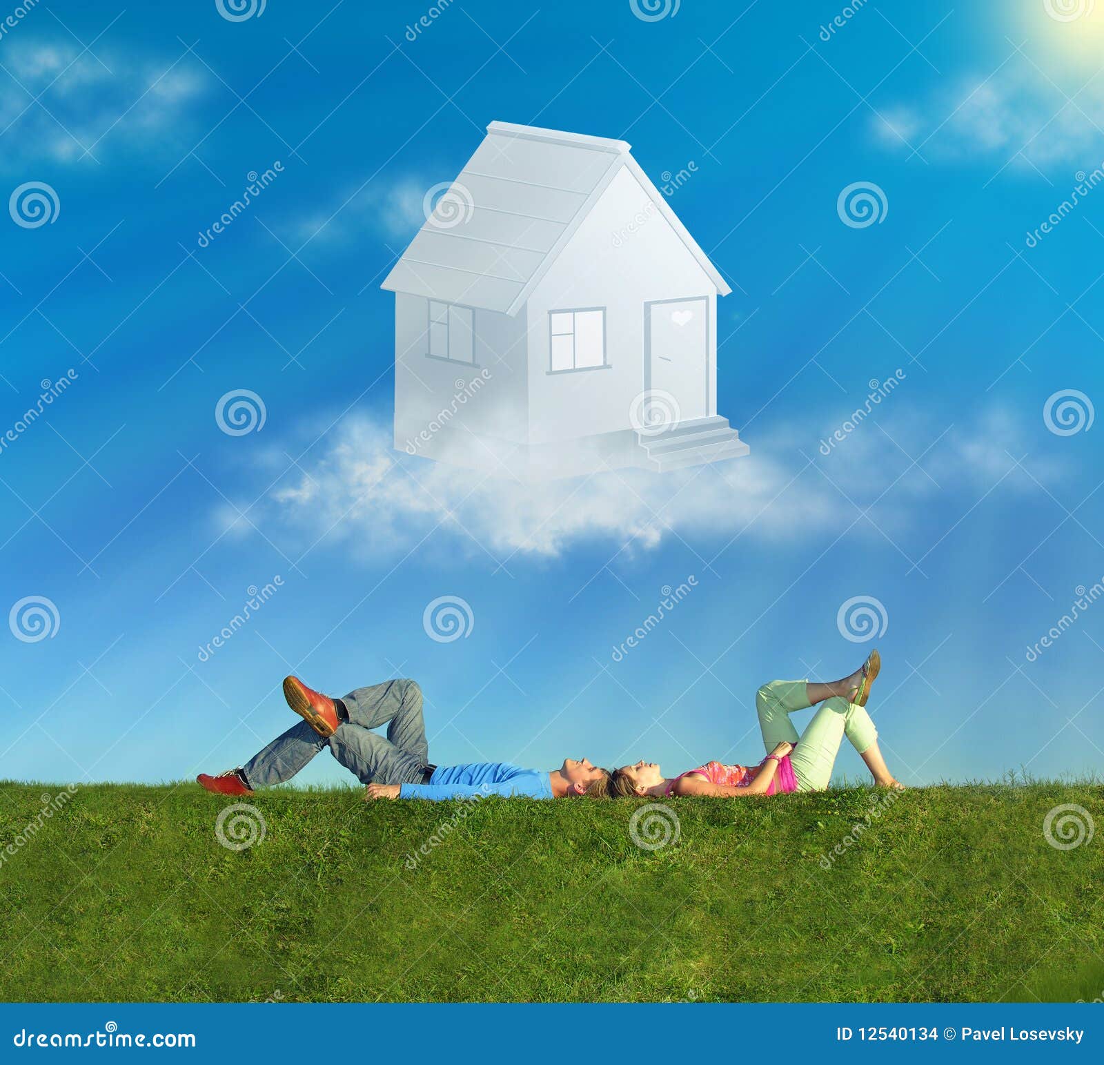 Lying Couple On Grass And Dream House Collage Stock Photo ...