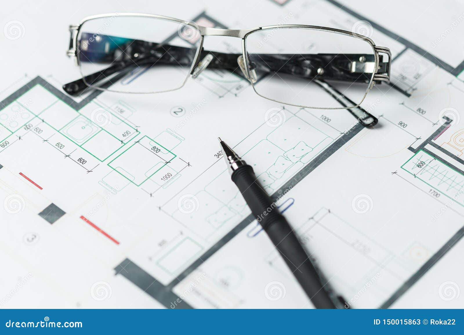 Lying Glasses on a Schematic Plan of Interior Design Stock Image ...