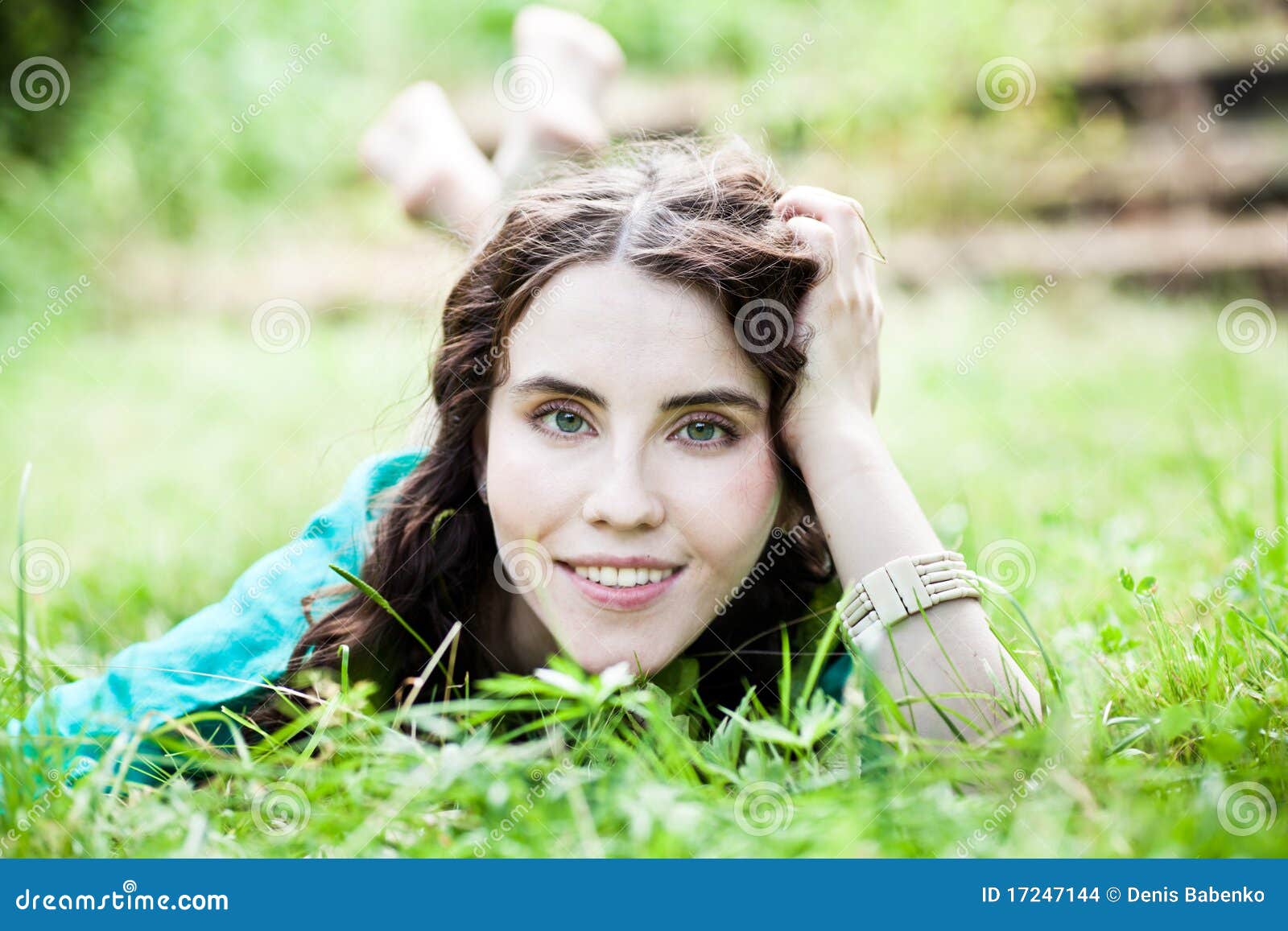 Lying on Grass Pretty Smiling Girl Stock Photo - Image of girl, health ...
